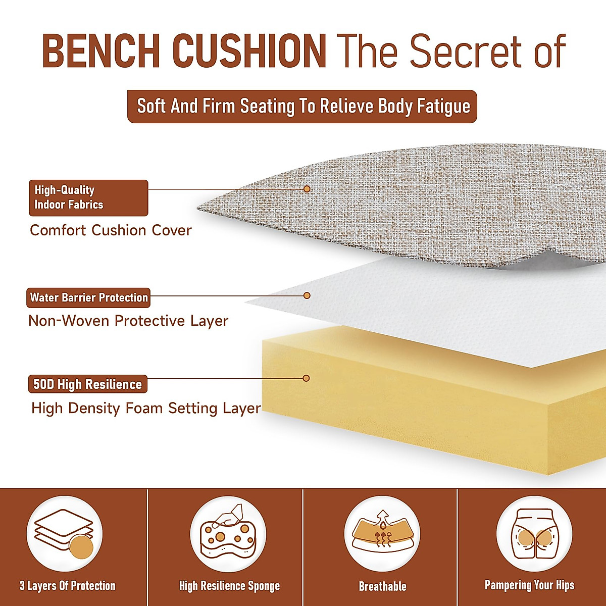 Focuprodu Bench Cushion 36 inch, Patio Furniture Cushions, Personalized Custom Non-Slip Durable Window Cushions Chair Cushions. (36x14x2.5, Light Brown)