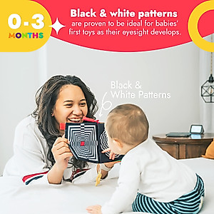 Papablic Luxury Baby Soft Book with Teether, High Contrast Black and White Crinkle Book for Early Education, Tummy Time Toys for Babies 0-12 Months with Baby Safe Mirror, Crinkle Pages and Squeaker