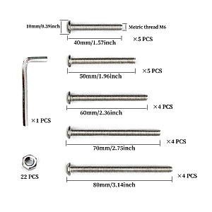 Hamineler 304 Stainless Steel M6 x 80/70/60/50/40mm Metric Hex Socket Button Head Cap Bolts Screws Assortment Set with Nuts Allen Socket Drive