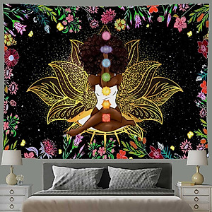 Ine Ive African Chakra Tapestry African American Woman Zen Meditation Tapestry 80x60 Inch Starry Sky Flower Garden Tapestry Inspirational Afro Yoga Wall Art Tapestry for Bedroom Dorm Decor GTDWIE0157