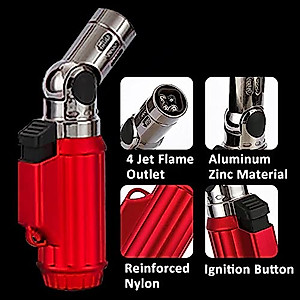 Butane Torch, Refillable Kitchen Cooking Blow Torch, 4 Jet Flame Lighter, Professional Adjustable Flame Mini Torch Lighter for Desserts, Soldering, BBQ and Baking (Butane Gas Not Included)