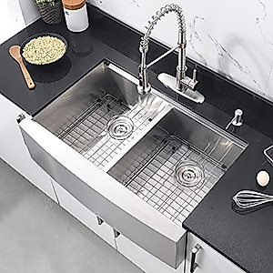 33 Inch Double Bowl Farmhouse Sink Workstation-Bokaiya 33x22 Stainless Steel Double Bowl Kitchen Sink Apron Front Sink 16 Gauge Deep 50/50 Low Divide Farm Sink with Cutting Board
