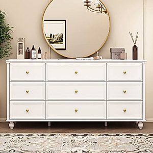 Homsee 9 Drawers Double Dresser with Stylish Legs, Modern Wood Dresser Chest of Drawers with Large Storage Space for Bedroom, White (63”L x 15.7”W x 31.5”H)