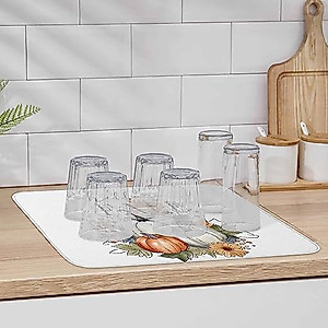 Hello Fall Dish Drying Mat for Kitchen Counter, Thanksgiving Grey Orange Pumpkins Baby Bottle Microfiber Drying Pad, Autumn Sunflower Botanical Absorbent Coffee Cup Dishes Drainer Mats 18"x24", 1 Pcs