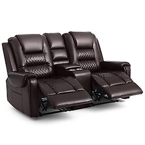 Large Massage Recliner Loveseat, Lumbar Heating Reclining Sofa Chairs, PU Leather, Ergonomic Living Room Chairs with Cup Holders, Remote Control, Brown