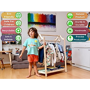 Montessori Clothing Rack and Wardrobe Set | Premium Kids Wood Furniture | Toddler Wardrobe Set | Toddler Wardrobe and Dress Up Station | Child Room Clothing Organizer (Clothes Cabinet)