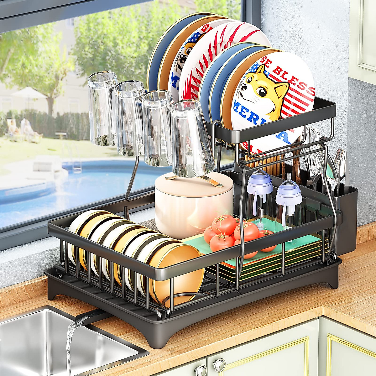 PXRACK Dish Drying Rack, Dish Racks for Kitchen Counter, Rrustproof Large 2 Tier Dish Drying Rack, Space-Saving Dish Drainers for Plate Utensil Cup Dish Drying Rack with Drainboard