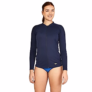 Speedo Women's Standard Uv Swim Shirt Long Sleeve Full Zip Front Rashguard, Peacoat, Large