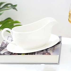 Qlans Gravy Boat With Ladle and Saucer 17 Oz,Ceramic Sauce Boat with Tray for Salad Dressings Milk,Warming Sauces,Creamer,Broth,Black Pepper,White (1 PCS New Gravy Boat With Ladle and Saucer)