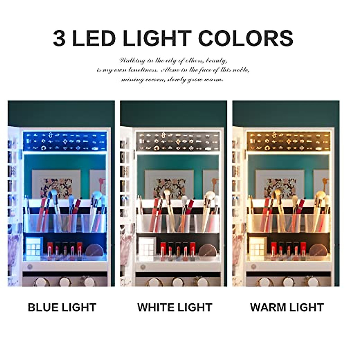 HNEBC Jewelry Cabinet Armoire with Lights,Lockable Jewelry Organizer Standing 47.2''Full-Length MirrorJewelry Boxes for Women Mirror with Jewelry Storage,Built-in LED Makeup Mirror/Drawer(White)