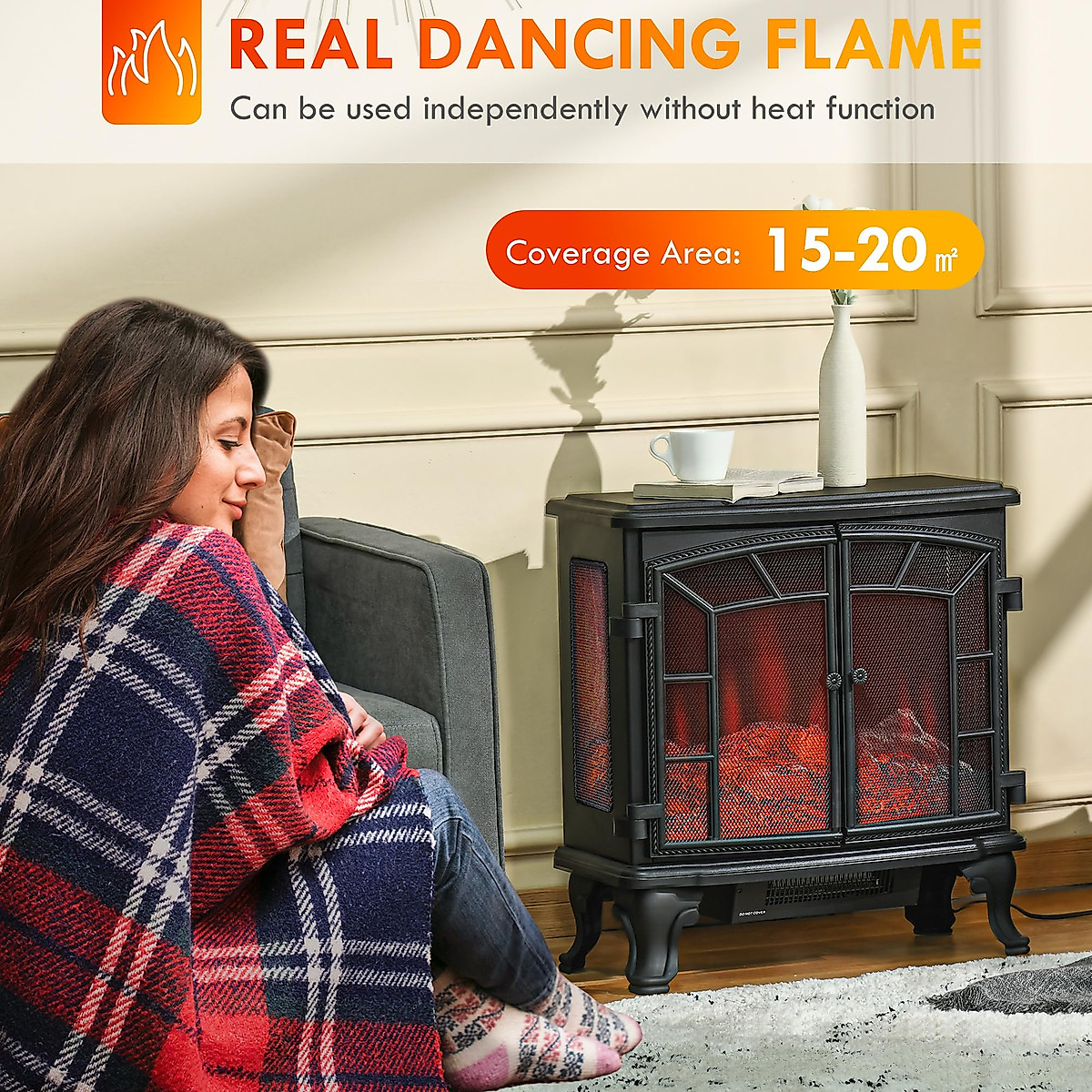 HOMCOM 27" Electric Fireplace Heater, Fireplace Stove with Realistic LED Flames and Logs, Remote Control and Overheating Protection, 750W/1500W, Black