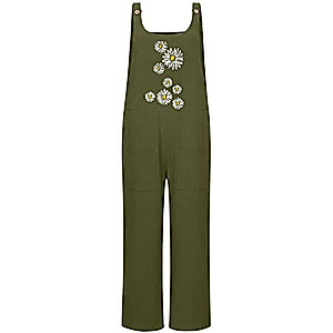 Sdeycui Womens Summer Ethnic Print Loose Overalls Wide Long Leg Jumpsuit Pockets(Green, M)