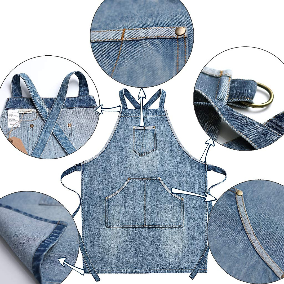 Jeanerlor - Cotton Denim Apron with Convenient Pockets for Women - Jean Apron for Hairstylist Artisan and Barista Cross Straps Adjustable S to L (Denim Blue)