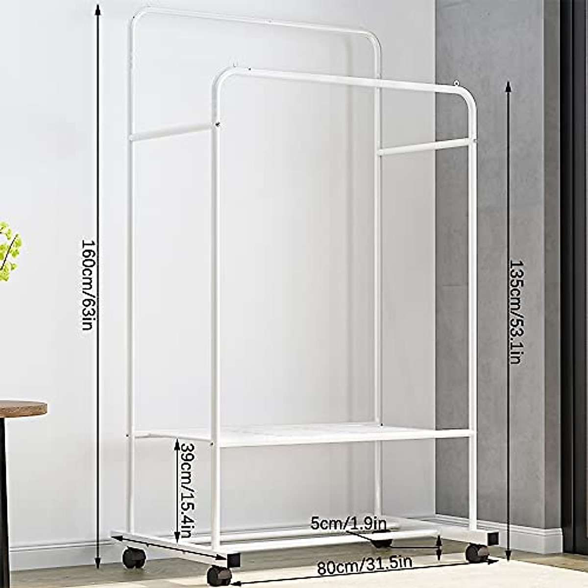 ZZBIQS 2-Tiers Rolling Garment Rack with Shelves, Clothing Rack on Wheels, Heavy Duty Coat Rack, Double Hanging Rails & Lockable Wheels, 31" L x 20" W x 53" H, Max Load 170LBS, White