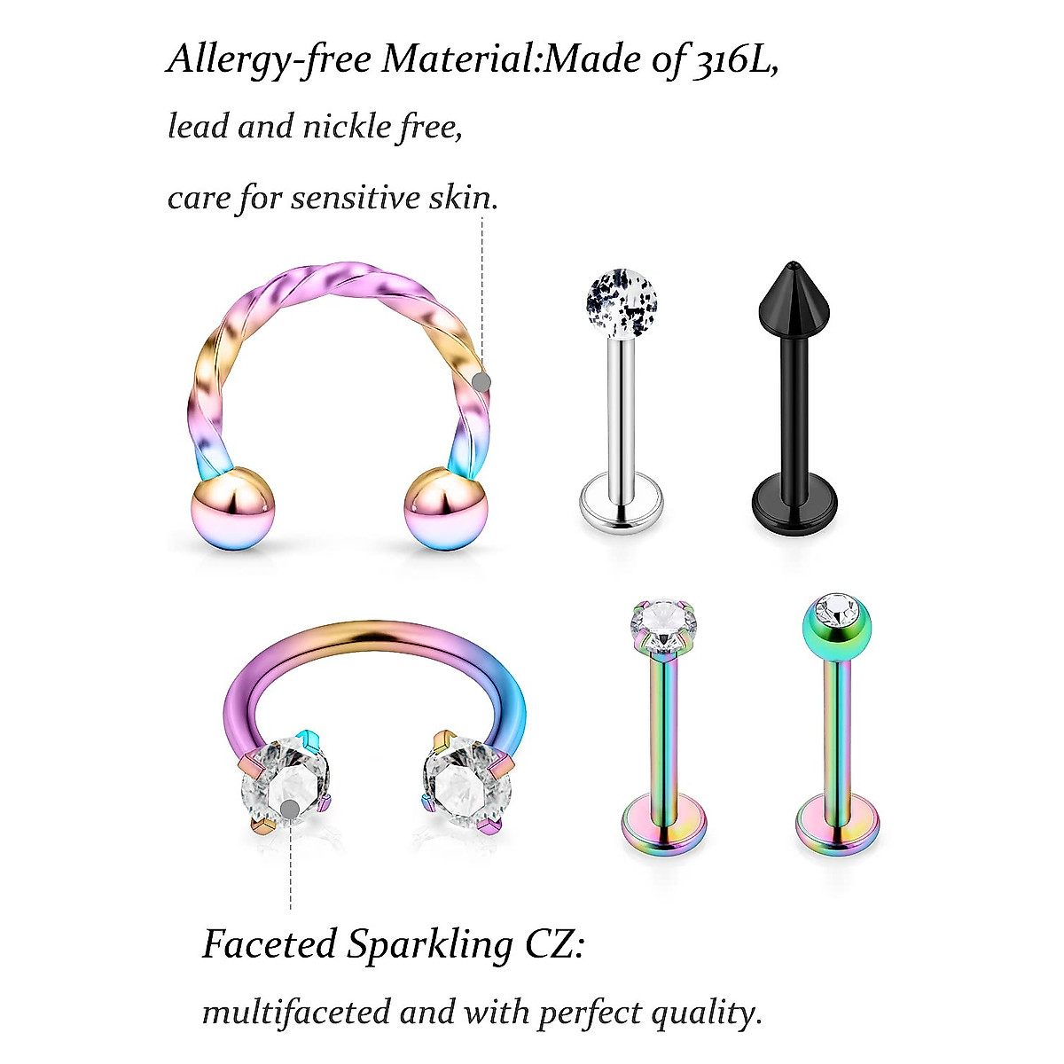 Vsnnsns 16G Lip Rings Stainless Steel Horseshoe Labret Monroe Lip Rings Nail Cartilage Tragus Helix Earrings Studs Septum Ring Medusa Piercing Jewelry Retainer for Women Men Black Rainbow 8mm