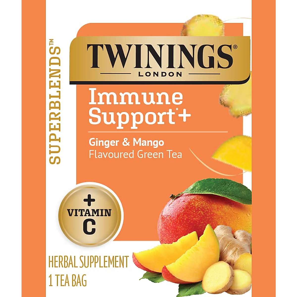 Twinings Superblends Immune Support+ Herbal Tea with Vitamin C, Ginger & Mango Flavoured Green Tea, 16 Tea Bags (Pack of 6), Enjoy Hot or Iced