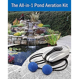Pond Aeration Kit – AquaMiracle Pond Air Pump Kit Koi Pond Aerator for Pond up to 1000 Gallons Pond Deicer All-in-One Pond Aeration System with Double Outlet Airline Tubing Air Stones Check Valves