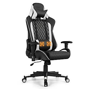 Ergonomic Gamer Desk Chair, High Back PC Computer Home Office Chair with Massage & 90°-180° Adjustable Tilt Back Height Adjustable Swivel PU Leather Executive Racing Computer Desk (Black+ White)