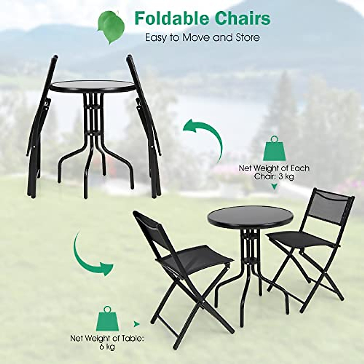Custpromo Patio Bistro Set, Reinforced Glass Top and Rust-Proof Steel Frame, 3 Piece Foldable Garden Table and Chairs, Black