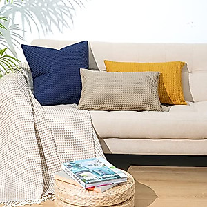 PHF 100% Cotton Waffle Weave Lumbar Pillow Cover 12" x 20", 2 Pack Elegant Home Decorative Rectangle Throw Pillow Covers for Bed Couch Sofa, Khaki (No Insert)