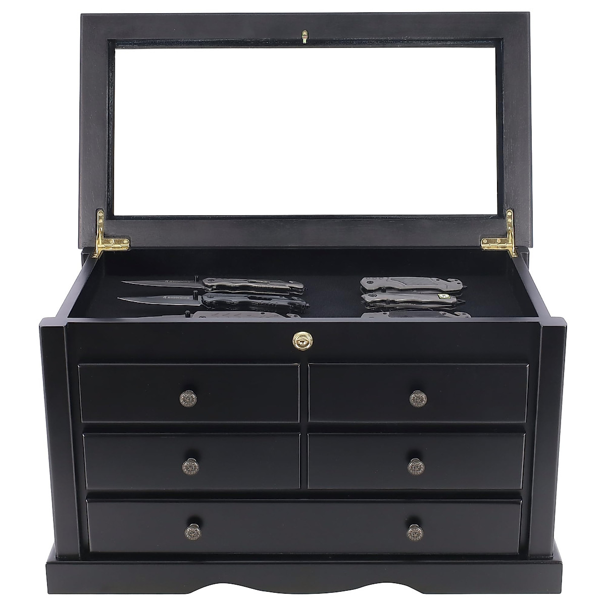 DisplayGifts Collector's Choice Solid Wood Knife Display Case Tool Storage Cabinet w/ 5 Drawer Gallery Quality Black