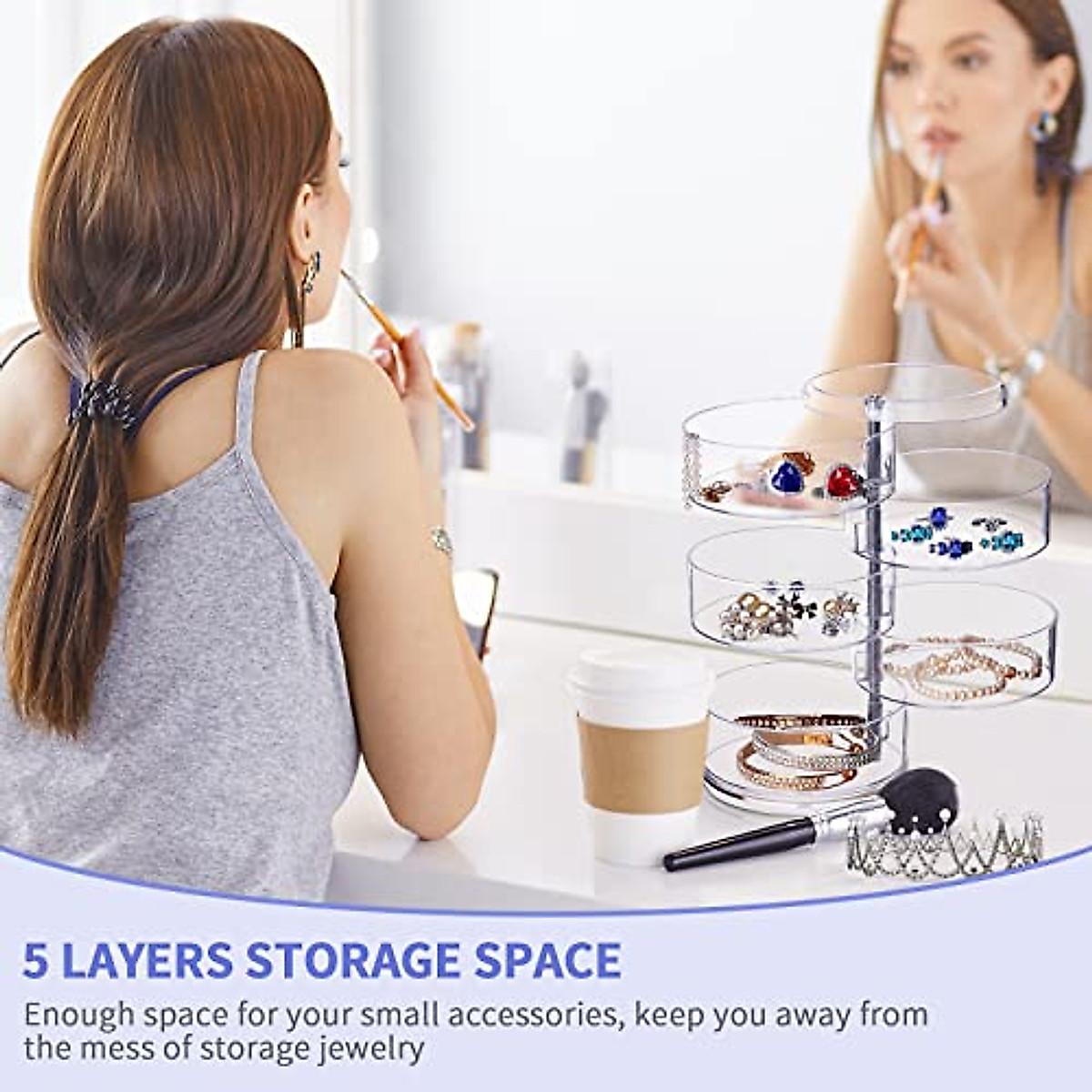 Clear Plastic Small Jewelry Organizer, 5-Layers Rotatable Jewelry Storage Box with Lid for Hair Accessories & Beauty Supplies Earrings Necklaces Bracelets (Clear-5-Layers)