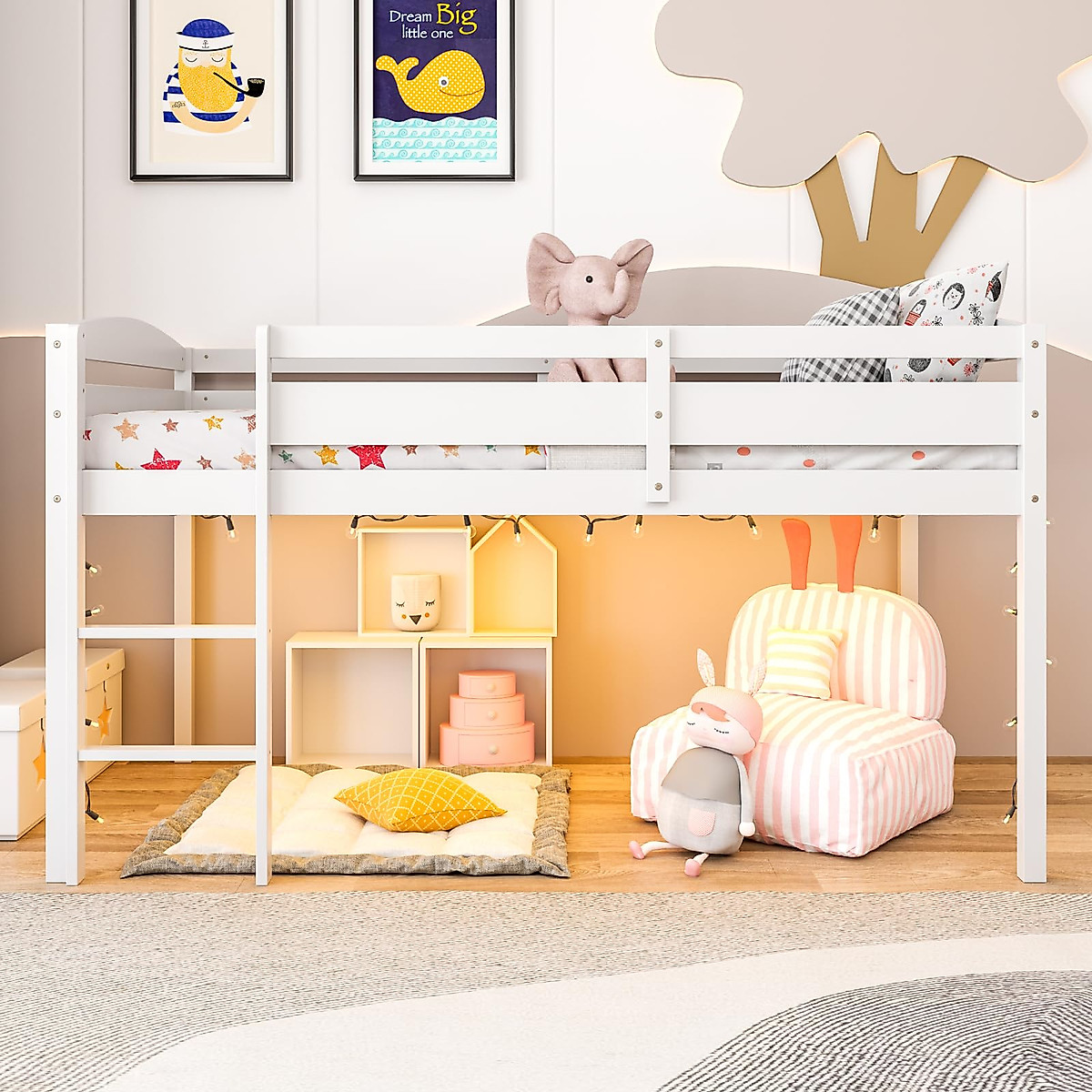 KOTEK Twin Loft Bed, Solid Wood Low Loft Bed for Kids with Ladder & Guard Rails, No Box Spring Needed, Space-Saving Loft Bed Frame for Boys & Girls (White)