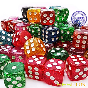 Bescon A Lot of Glitter 16MM D6 Set 100pcs, Assorted Colored Glitter Dice Set 100pcs