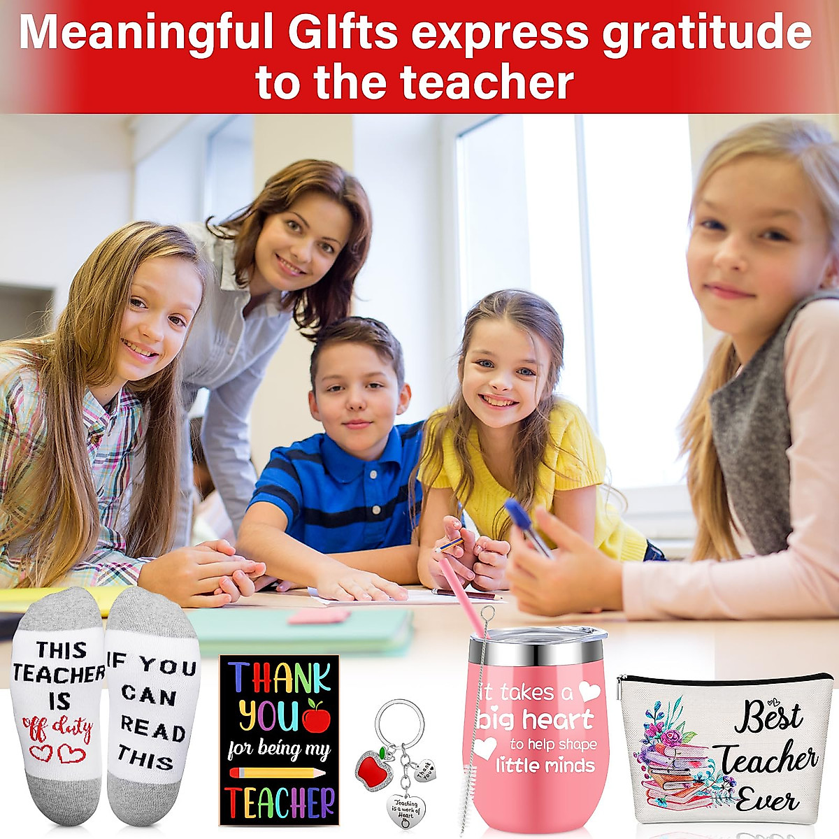 Newtay Teacher Appreciation Gifts Thank You Teacher Gifts Basket,12 oz Wine Tumbler Best Teacher Makeup Pouch Bag Keychains Teacher Socks for Teacher Appreciation Supplies (Big Heart)