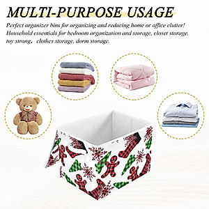 Christmas Storage Baskets Collapsible Storage Bins with Lids, Buffalo Plaid Checkered Christmas Stockings Snowflakes Gingerbread Men and Christmas Trees Storage Boxes Clothes Baskets for Organizing