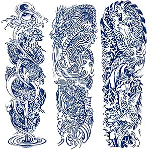 Semi Permanent Tattoos Sleeve, 3-Sheet Dragon Temporary Tattoo Sleeve,100% Plant-Based Ink Fake Sleeve Tattoos