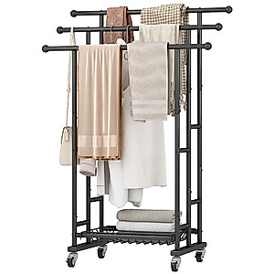 SORCEDAS Towel Rack 3 Tier Free Standing Metal Towel Stand with Storage Basket and Wheel for Extra Large Towel Blanket Drying Bath Towels Bathroom (Black)