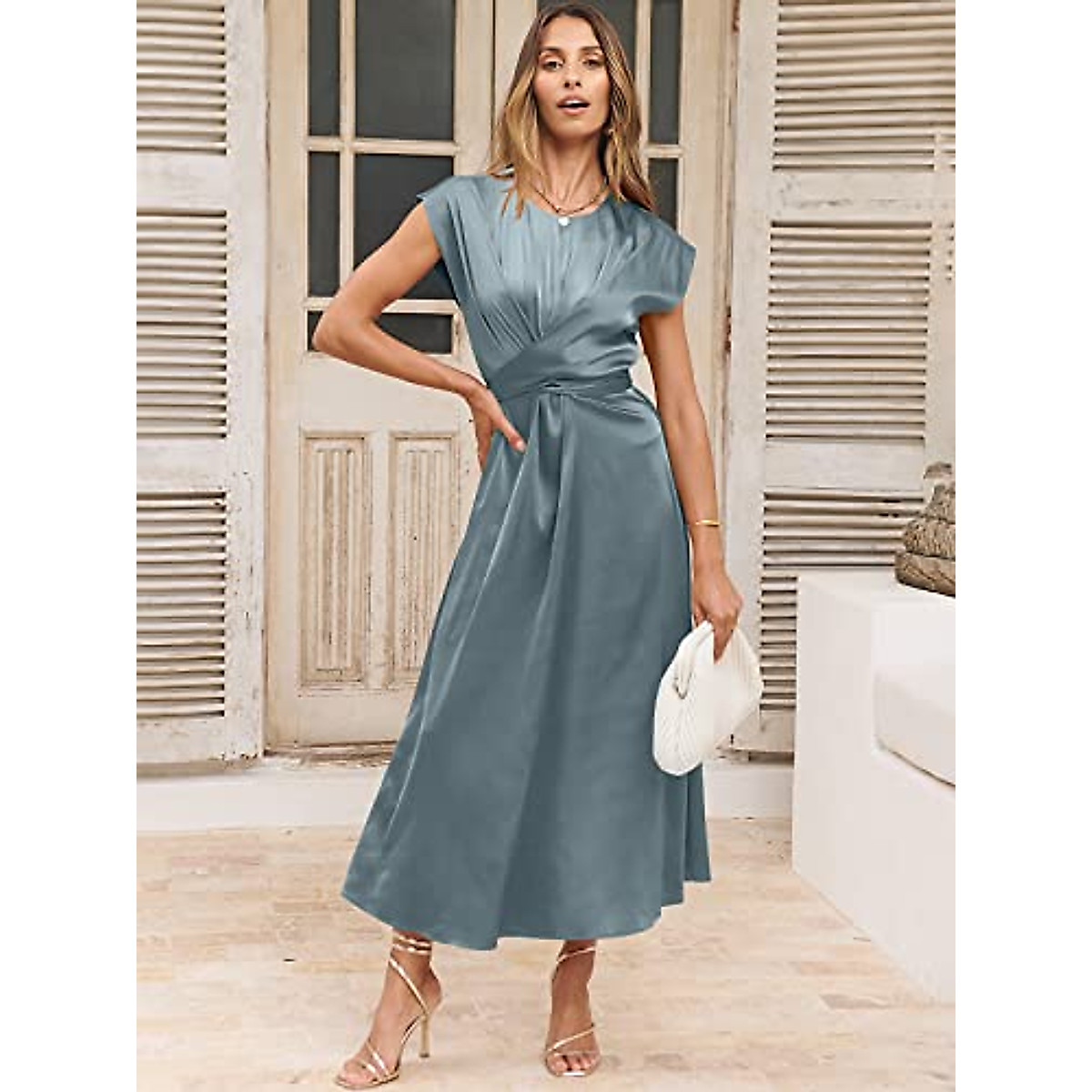 ANRABESS Women's 2023 Formal Dress for Women Summer Maxi Elegant Satin Cocktail Dress Sleeveless Wrap A-Line Flowy Midi Wedding Guest Silk Semi Formal Dress 916huilan-S Grey Blue
