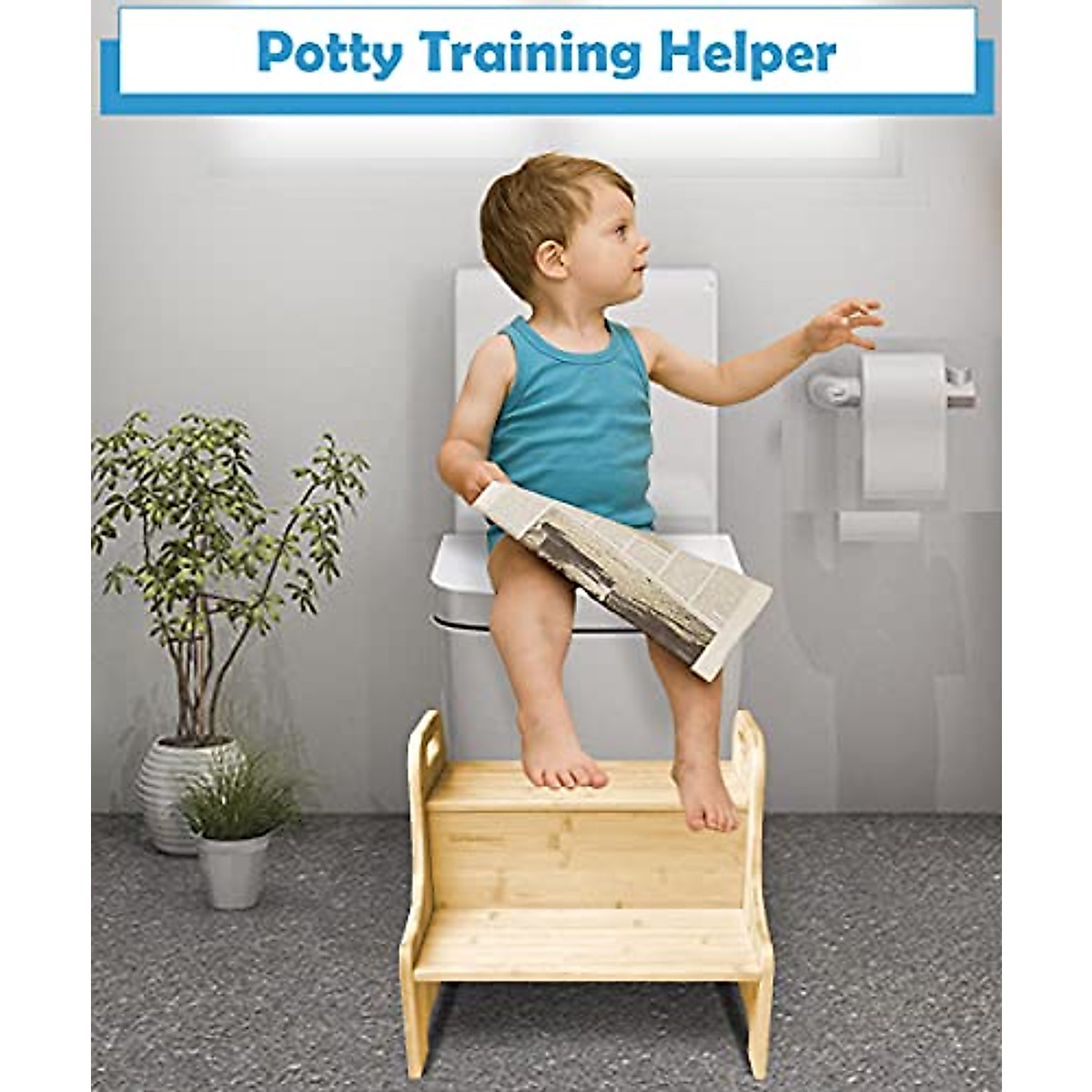 Garbuildman 2 Step Stool for Kids, Bamboo Toddler Stepping Stool with Handles for Children, Detachable Small Bathroom Toilet Potty Training & Kitchen Kid’s Learning Step Stool