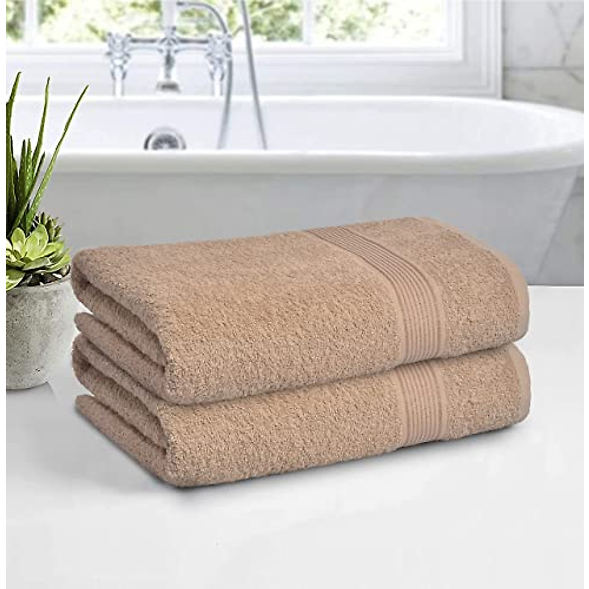 Belizzi Home Cotton 2 Pack Oversized Bath Towel Set 28x55 inches, Large Bath Towels, Ultra Absorbant Compact Quickdry & Lightweight Towel, Ideal for Gym Travel Camp Pool - Tan
