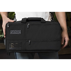 Asaya Chef Knife Bag - 28 Pockets for Knives and Kitchen Utensils - Durable Ballistic Nylon, Black Stainless Steel Hardware, Card Holder and Adjustable Shoulder Strap - Knifes not Included (Black)