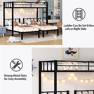 Bellemave Triple Bunk Bed for 3 Metal Twin Over 2 Twin Bunk Bed with Shelf for Kids Boys Girls, Detachable Triple Bunk Bed Can be Divided Into Three Beds, Black