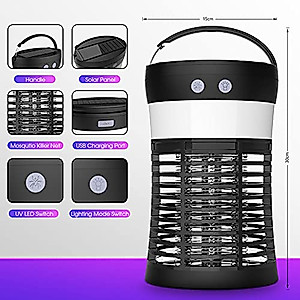 Hwallkare Bug Zapper Mosquito Zappers Killer, Solar Powered Electric Fly Zapper Light with Camping Lantern, Waterproof USB Rechargeable Fly Killer for Indoor Outdoor