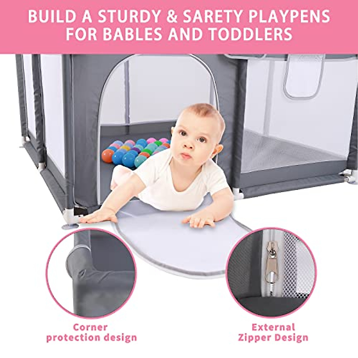 Baby Playpen for Toddler, Large Baby Playard, Babys Fence Play Area, Indoor & Outdoor Playard for Babies Kids Activity Center with Gate, Sturdy Safety Play Yard with Soft Breathable Mesh(Gray,50”×50”)