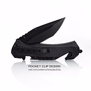 LI JIU Folding Pocket Knife - 8 inch Tactical Knife, made of high-carbon steel, Aluminum handle & Pocket Clip, Multifunctional design (Black)