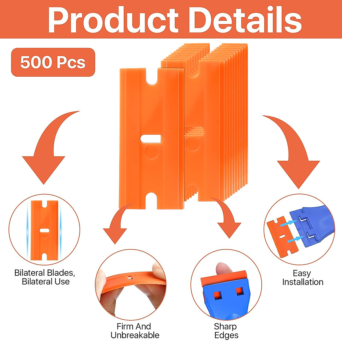 Lainballow 500 Pcs Plastic Razor Blades, Double Edged Scraper Blades, Plastic Knife Blades Replacement Suit for Cleaning Glass and Removing Decals, Stickers, Adhesive Labels