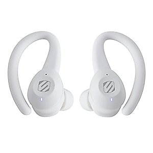 Scosche BTTWS2WT-SP2 ThudBuds Rechargeable Bluetooth 5.0 True Wireless White Earbuds, Magnetic Sport Clips, Wireless Charging Case, USB-C Cable, White