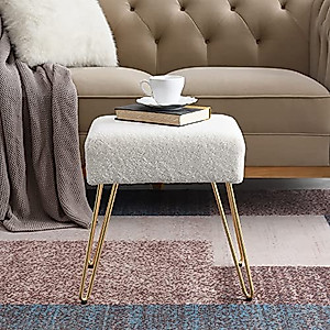 C COMFORTLAND Sherpa Fuzzy Bedroom Stool for Vanity Desk, Small Fluffy Makeup Chair for Dressing Table, Furry Rectangle Ottoman Foot Stool Bench for Bathroom, Living Room, Kids Room White