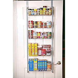 Bee Home Over the Cabinet Pantry Door or Wall Mounted Heavy Duty Metal Basket Organizer Storage Rack for Kitchen, Bathroom, Office, Toy Room includes hooks for over the door or wall mounting (5 Tier)