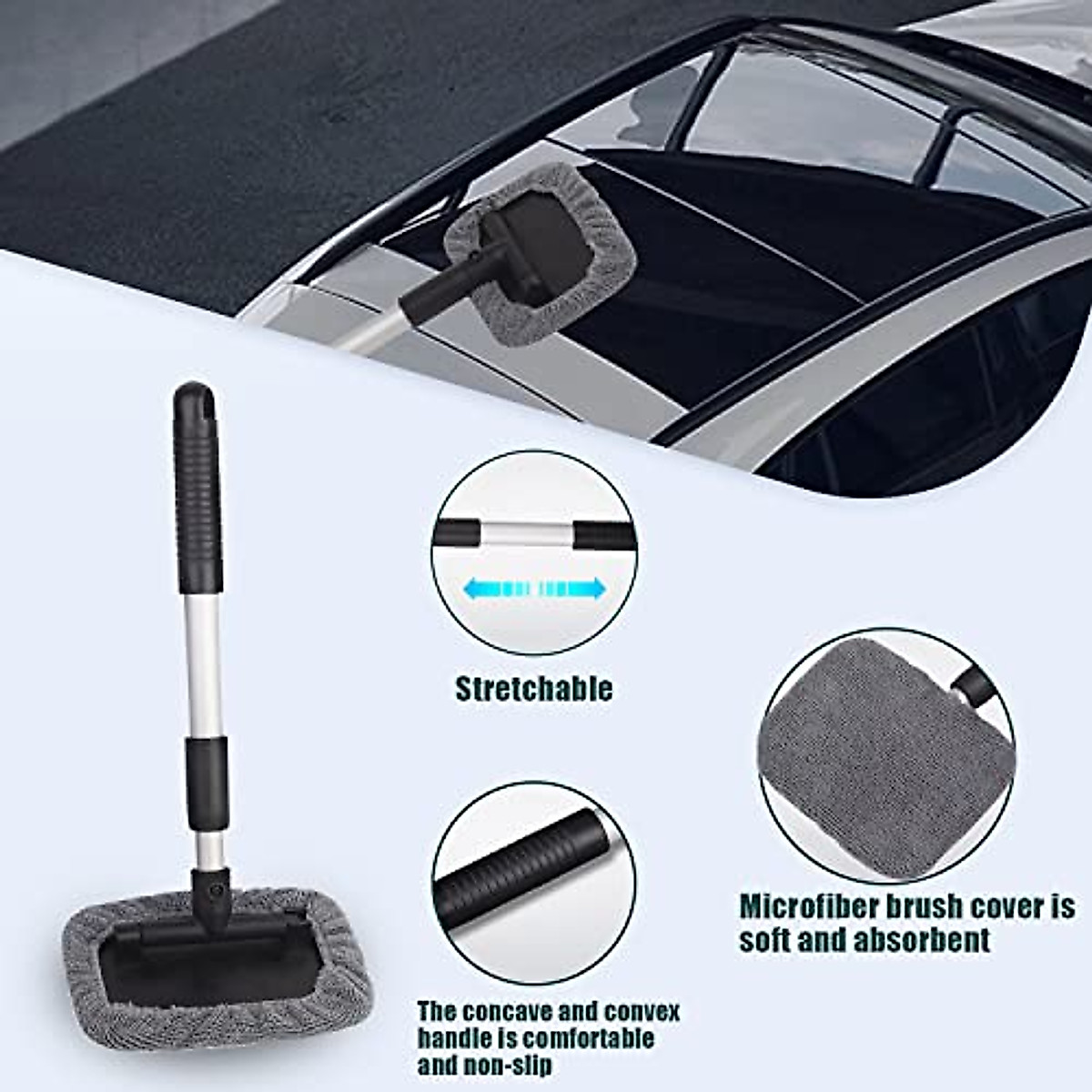 Pincuttee Car Windshield Cleaner Tool,Microfiber Car Window Cleaning Tool with Extendable Handle and Washable Reusable Cloth Pad,Auto Inside Glass Wiper Kit(Gray,1PC)
