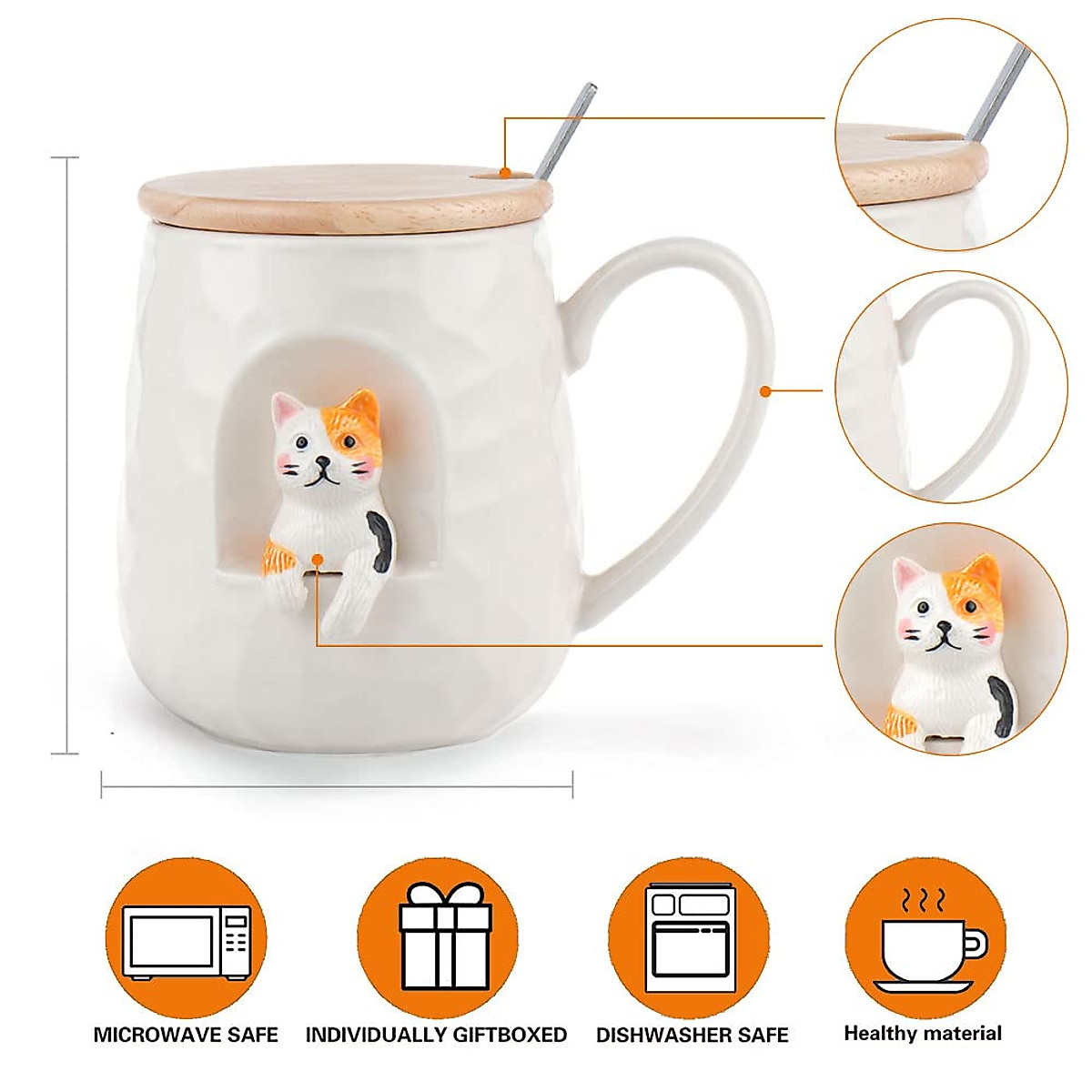 Mug Coffee Ceramic Cup Novel 3D Cat Pattern with Lid and Matching Spoon Cartoon Handmade Mug for Tea Milk Chocolate Juice Suitable for People Who Love Cats Small Animals (Cat side)