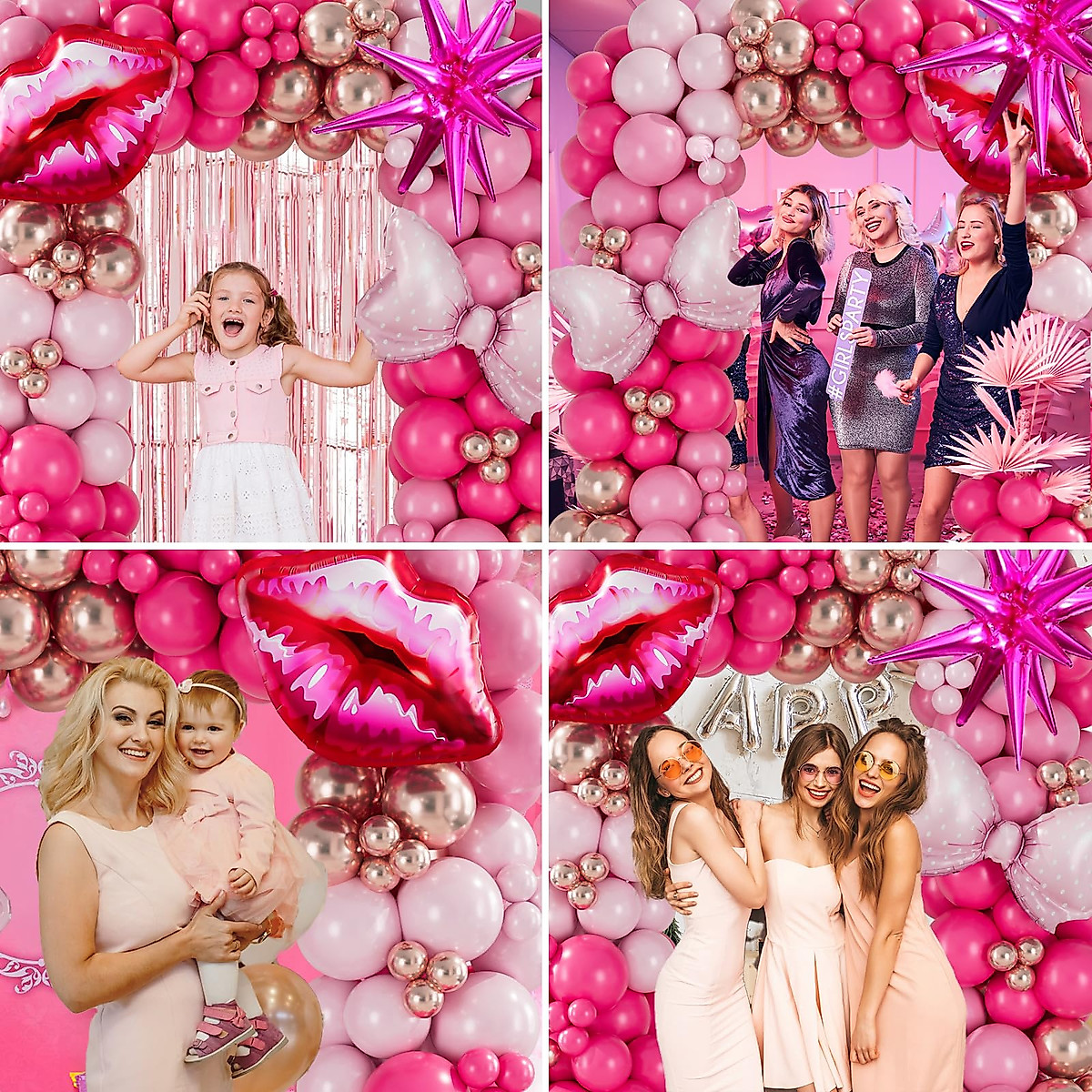 Pink Balloon Garland Arch Kit, Hot Pink Rose Gold Metallic Balloon, Bow Starburst Lip Foil Balloon, Hot Pink Balloons for Girls Birthday Princess Theme Bridal Shower Baby Shower Party Decorations