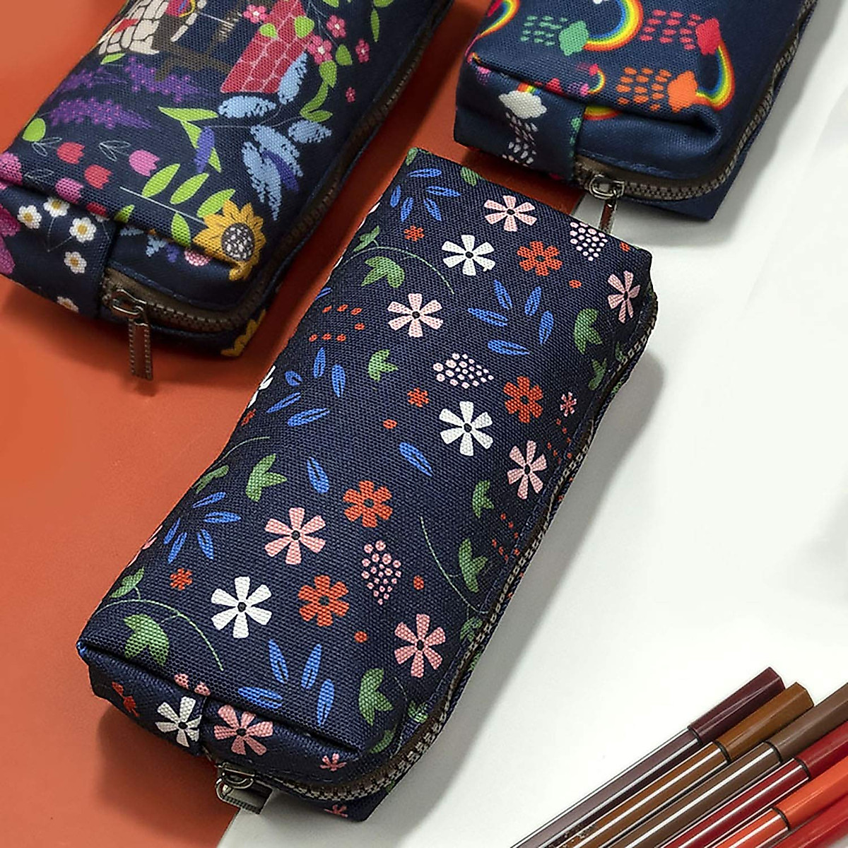 LParkin Floral Pencil Case Capacity Canvas Pen Gadget Bag Box Pouch Stationary Teacher Gift Case Makeup Cosmetic Bag