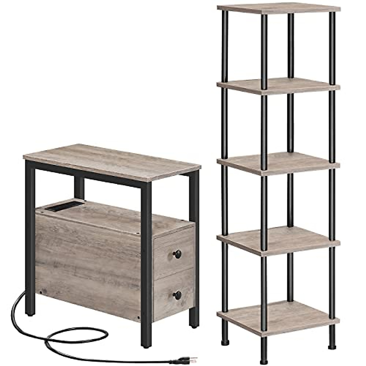 HOOBRO End Table with Charging Station and 5-Tier Corner Shelf, Narrow Side Table with 2 Drawers, Wood Storage Rack Plant Stand, Nightstand for Small Spaces, Greige BG541BZ01-BG50CJ01