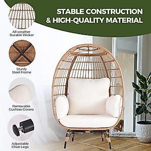 OTSUN Wicker Egg Chair, Oversized Egg Basket Chair for Living Room, Backyard, Outdoor Indoor Lounger with 4 Cushions, 440lb Capacity, Steel Frame, Ivory